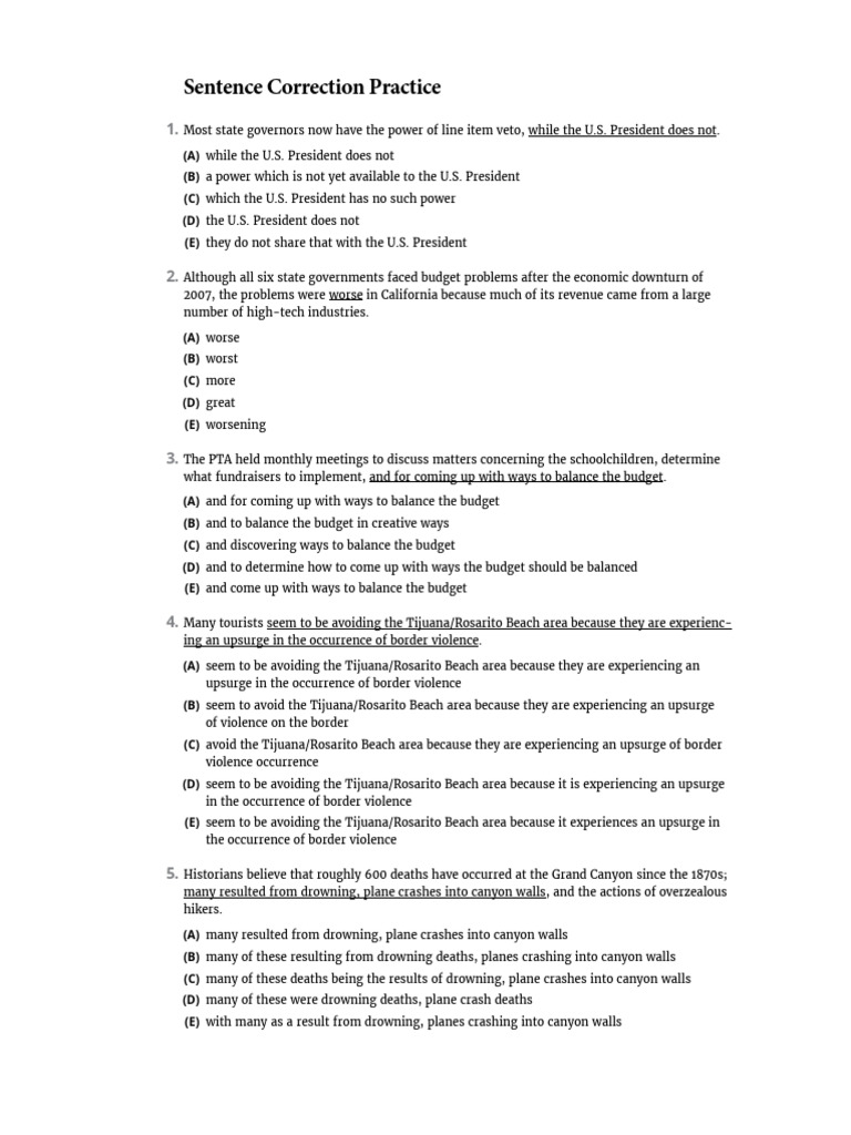 Sentence Correction Practice Exercises | PDF