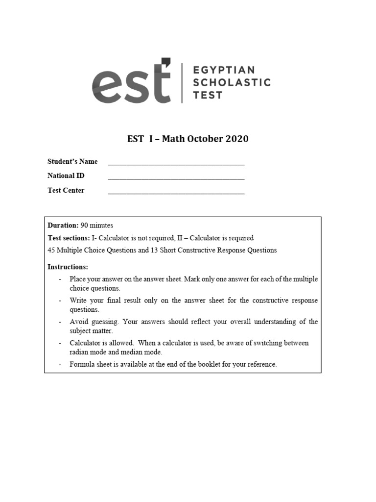 EST I - Math - October 2020 Ans | PDF | Function (Mathematics ...