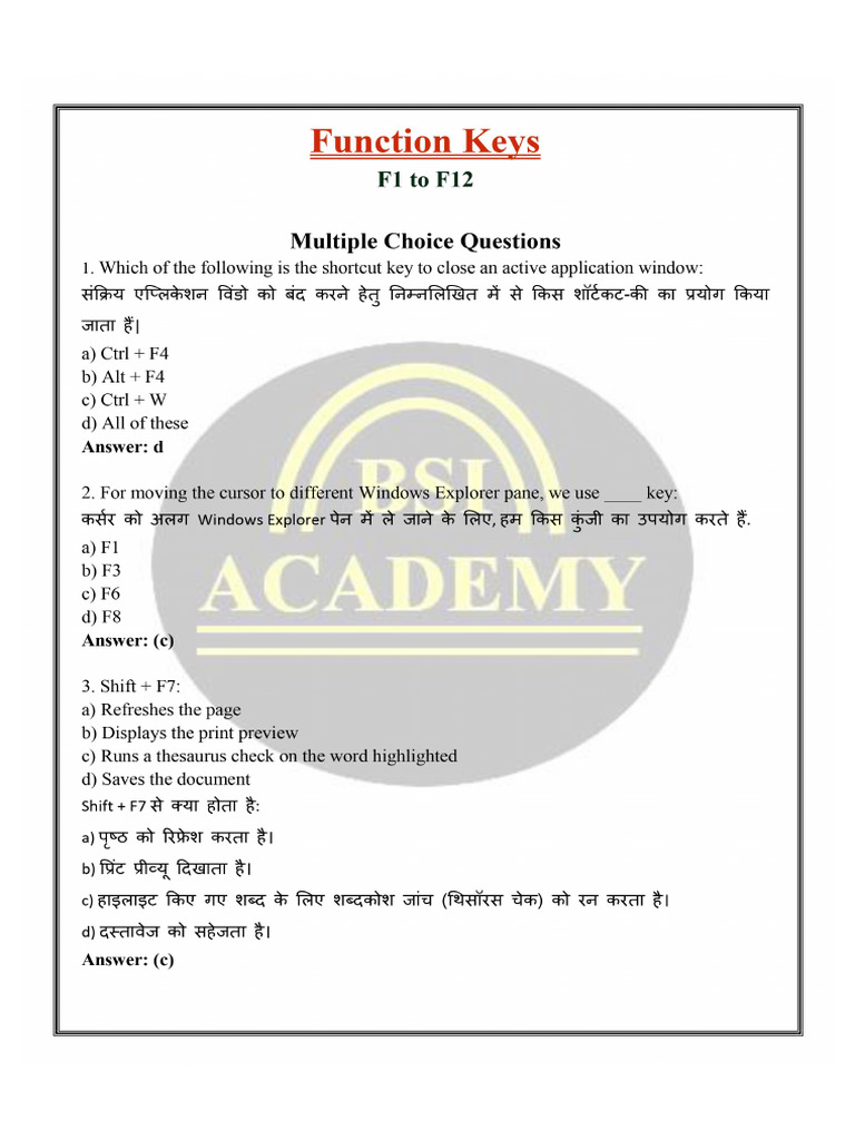 Function keys MCQs Answer-PDF | PDF