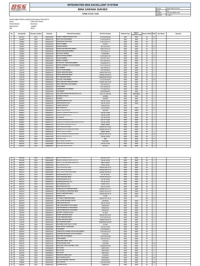 Stock Take Report for BSS Logistics | PDF