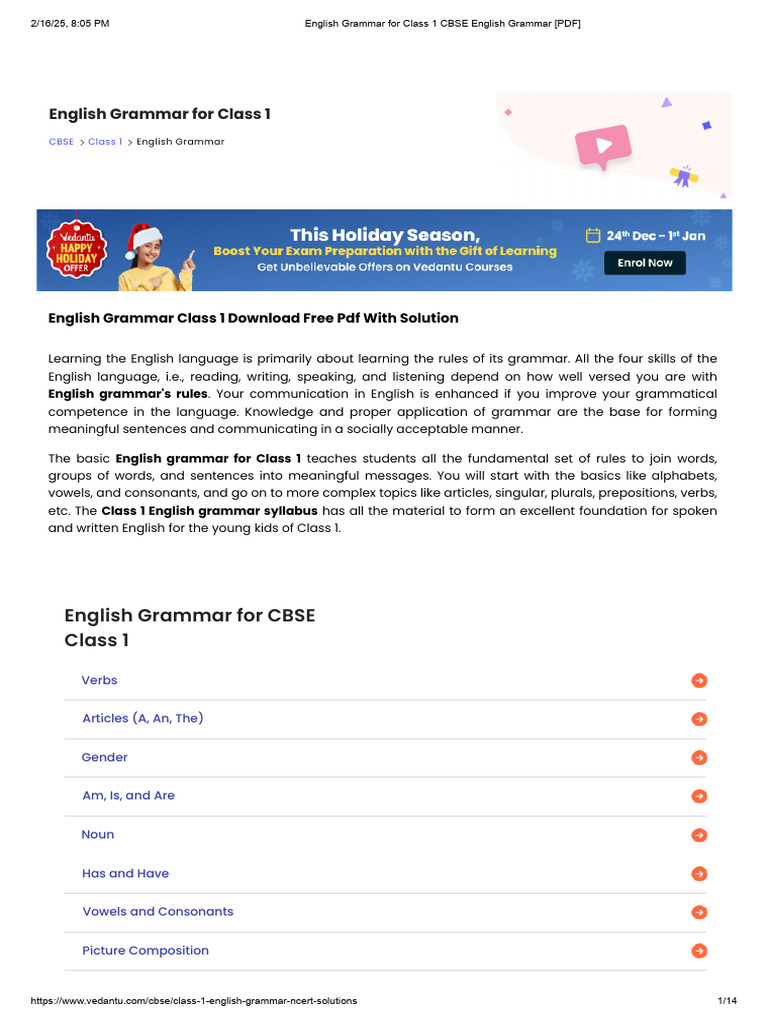 Class 1 English Grammar Syllabus PDF | PDF | Alphabet | English Language