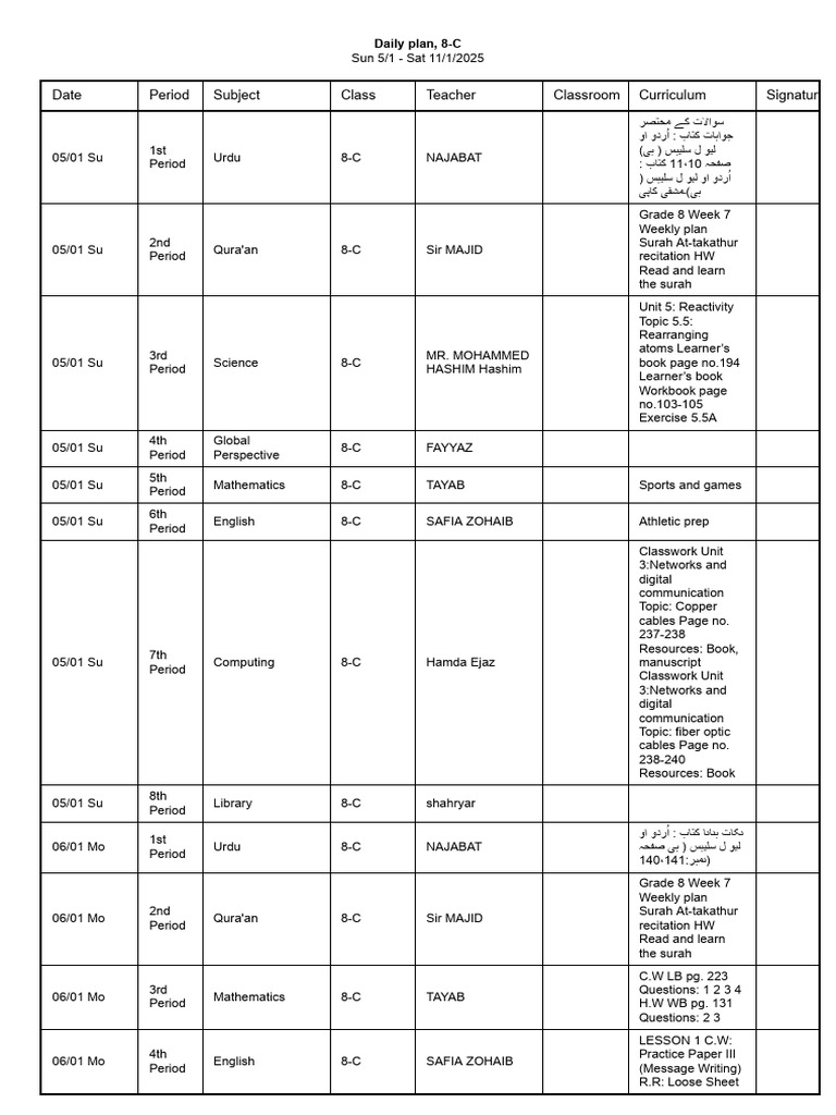 Daily Plan 8-c (Term2 Week8) | PDF