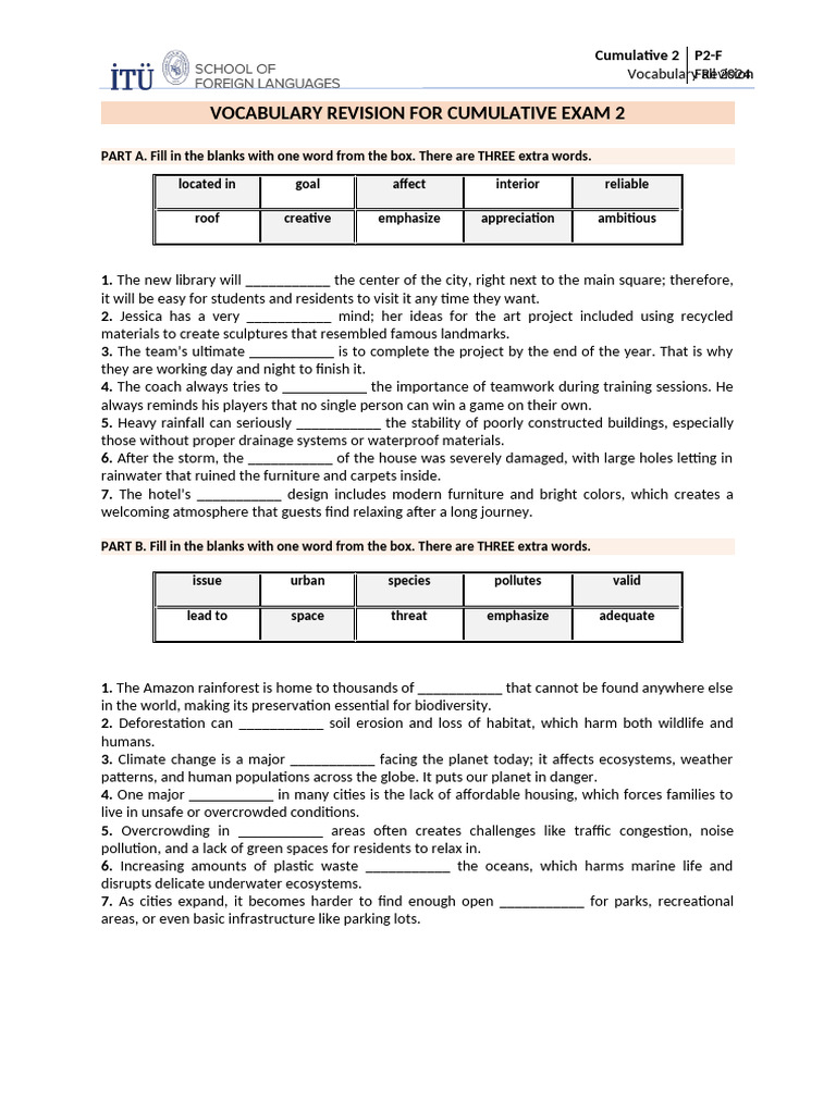 P2-F Revision for Cumulative 2 - CLP Vocabulary (Answer Key Included ...