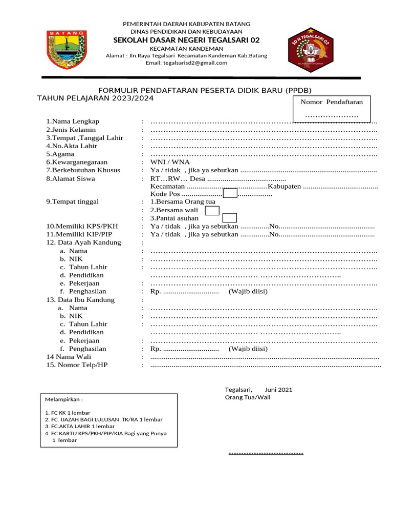 Formulir PPDB SD Negeri Tegalsari 2023 | PDF