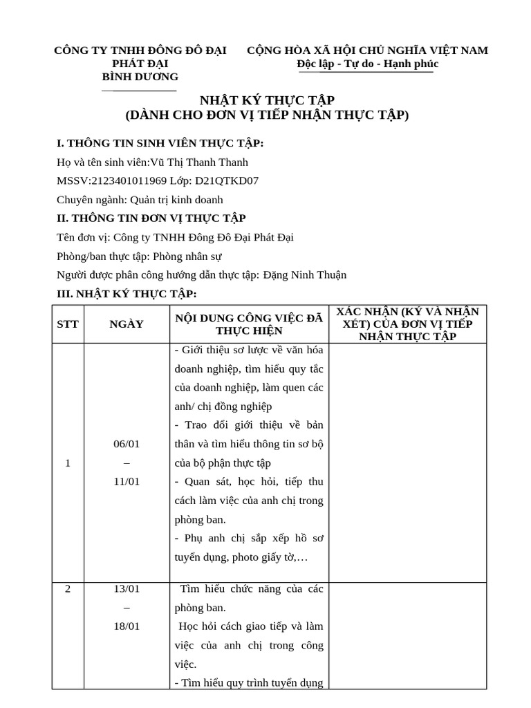 Nhat Ky Thuc Tap - Doanh Nghiep | PDF