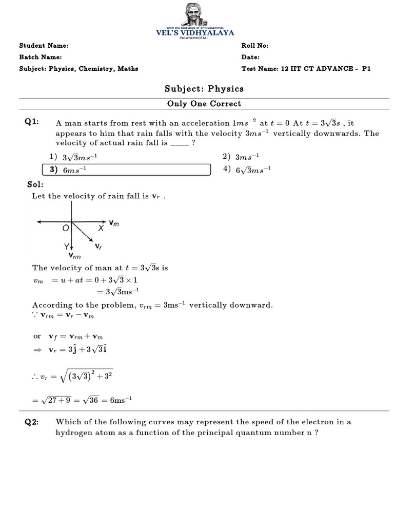 12 IIT CT ADVANCE 25082024 P1 Key | PDF | Acceleration | Photoelectric Effect