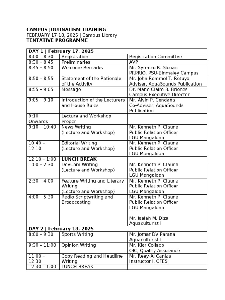 CAMPUS JOURNALISM TRAINING - Programme and Committees | PDF