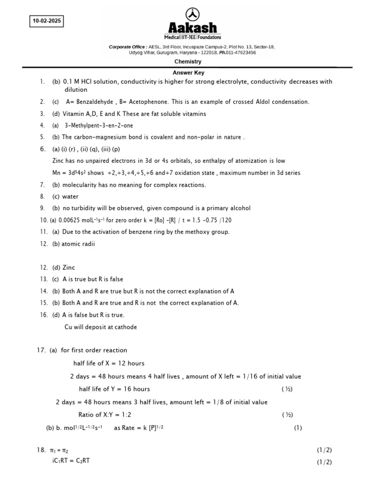 Answer Key Chemistry Board Plus (10!02!2025) | PDF | Chemistry ...