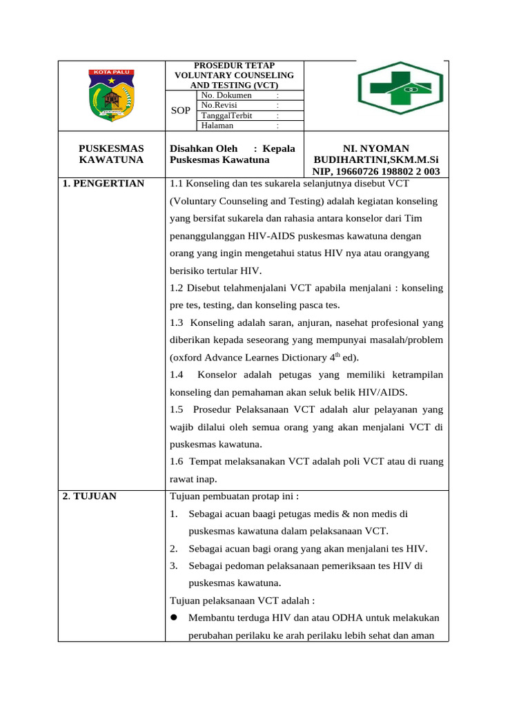 SOP VCT Puskesmas Kawatuna | PDF
