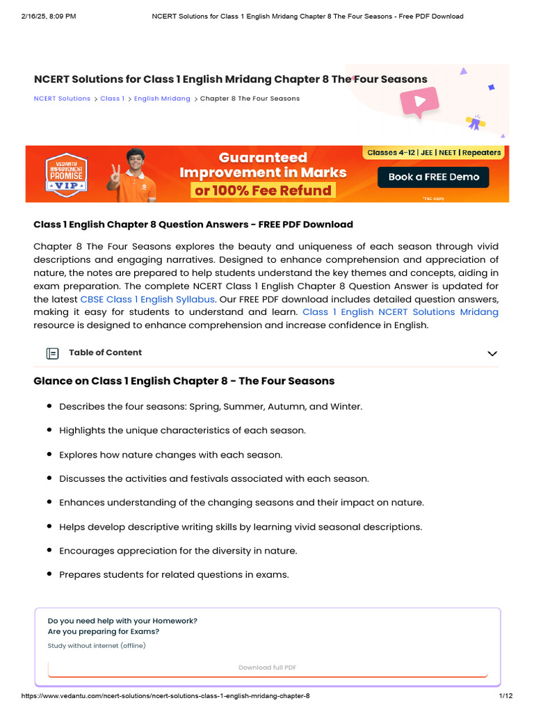 NCERT Solutions For Class 1 English Mridang Chapter 8 The Four Seasons ...