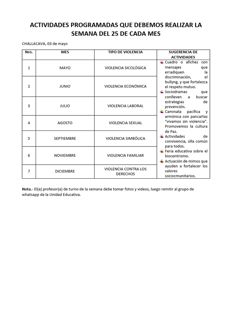 Actividades Programadas Que Debemos Realizar La Semana Del 25 de Cada Mes | PDF | Derechos ...
