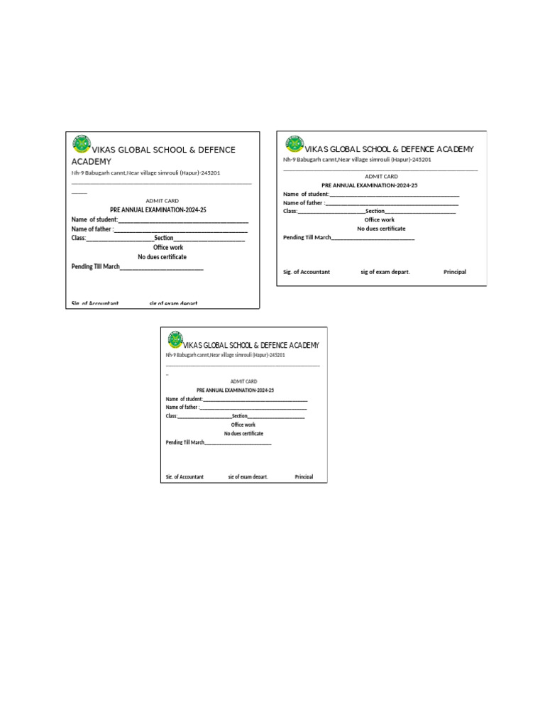 Vikas Global School Admit Card 2024-25 | PDF