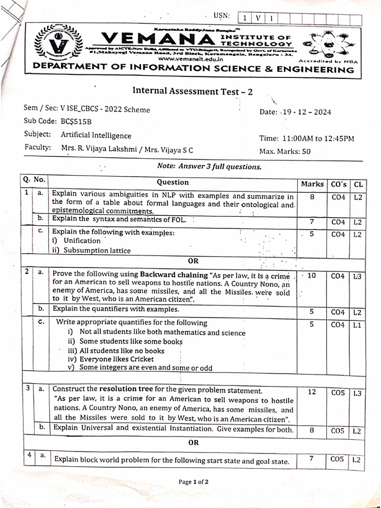 Ai (Bcs515b) Ia2 Qp Scheme | PDF