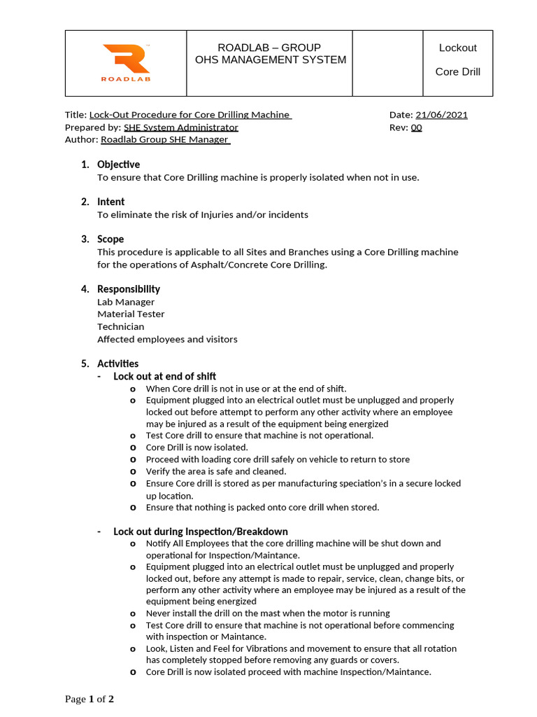 Core Drill Lock Out Procedure | PDF | Drill | Lockout (Industry)