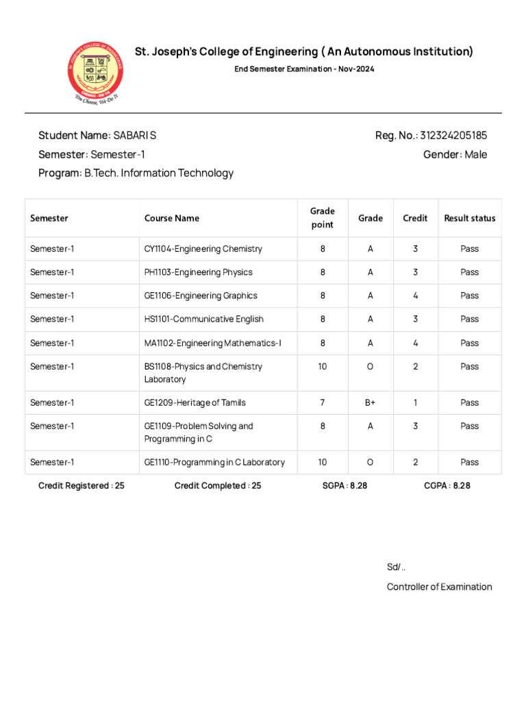 Class 12 Marksheet - St. Joseph's College | PDF