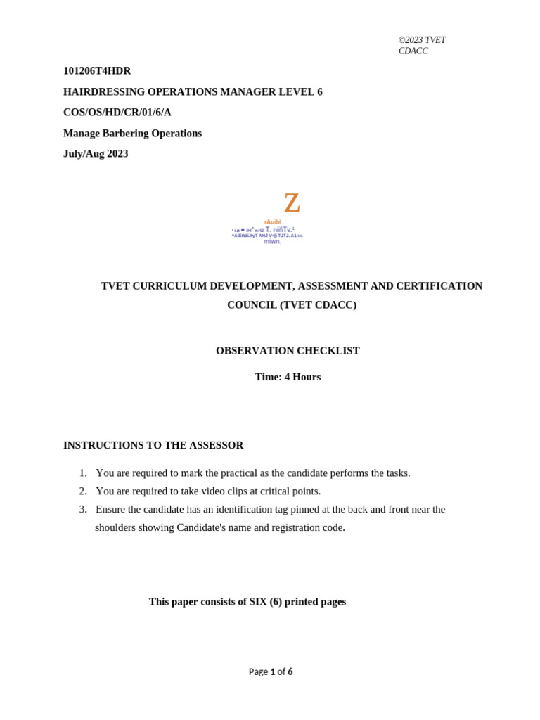 Barbering Operations Assessment Checklist | PDF