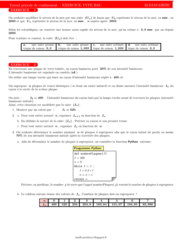 Exercices type Bac sur suites et intensité lumineuse | PDF