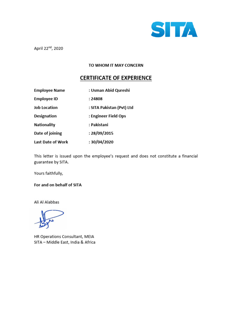 Experience Letter - Usman Abid Qureshi | PDF
