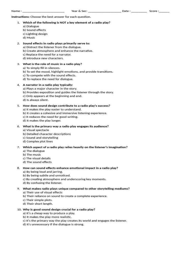 Radio Play Elements and Sound Design Quiz | PDF