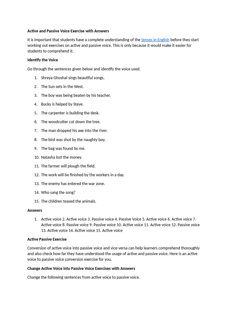 Active and Passive Voice Exercise With Answers | PDF