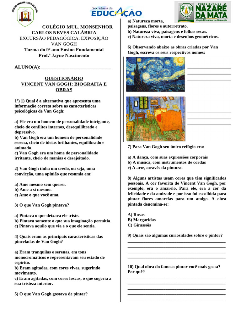 Questionário sobre Van Gogh para Alunos | PDF | Vincent Van Gogh