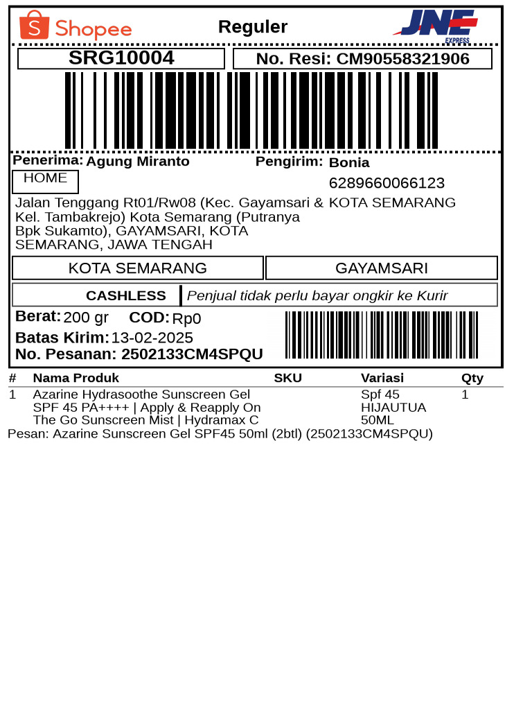 No. Resi: CM90558321906: Penerima: Bonia Agung Miranto Pengirim | PDF