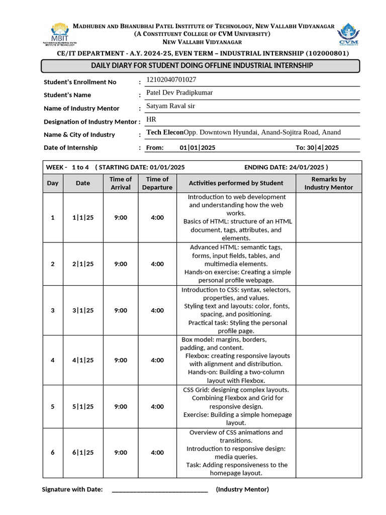 Daily Diary Intership (01 24 2025) | PDF | Html Element | Html