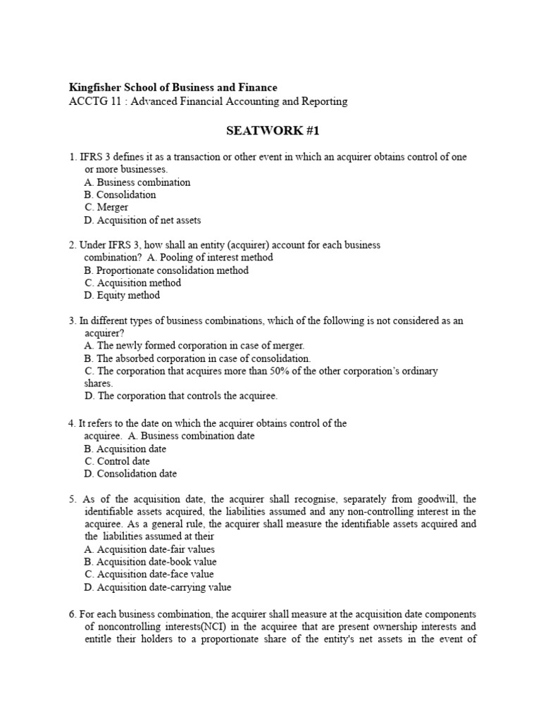 Acctg 11 Chapter 1 Seatwork | PDF | Mergers And Acquisitions | Consolidation (Business)
