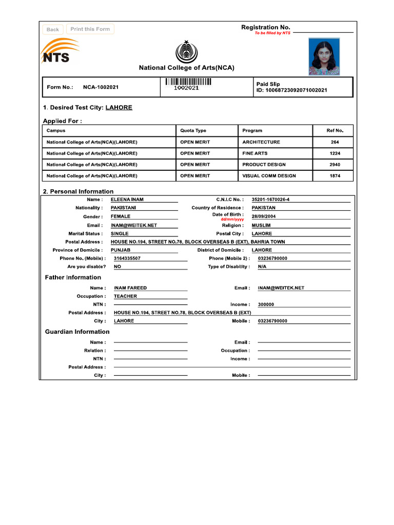 NCA Admission Form With Paid Slip | PDF