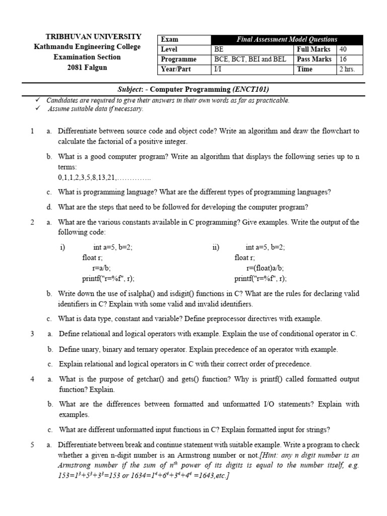 FinalAssesmentModel 2081(Student) | PDF | Function (Mathematics) | Pointer (Computer Programming)
