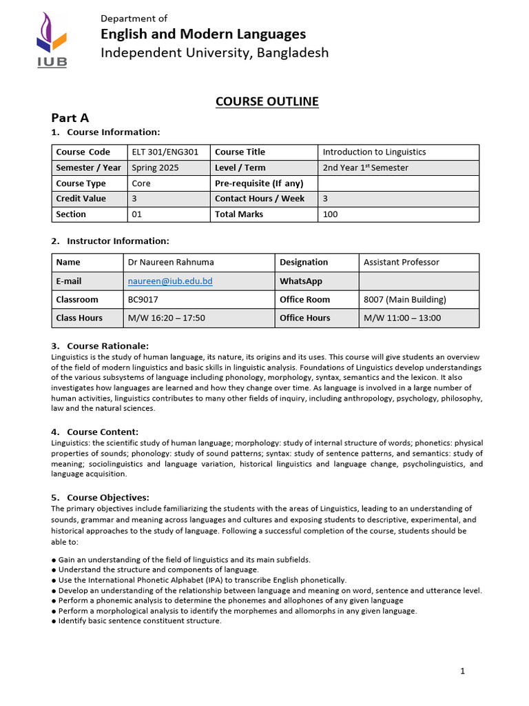 ELT301 - Intro To Linguistics - Spring 2025 | PDF | Linguistics | Morphology (Linguistics)