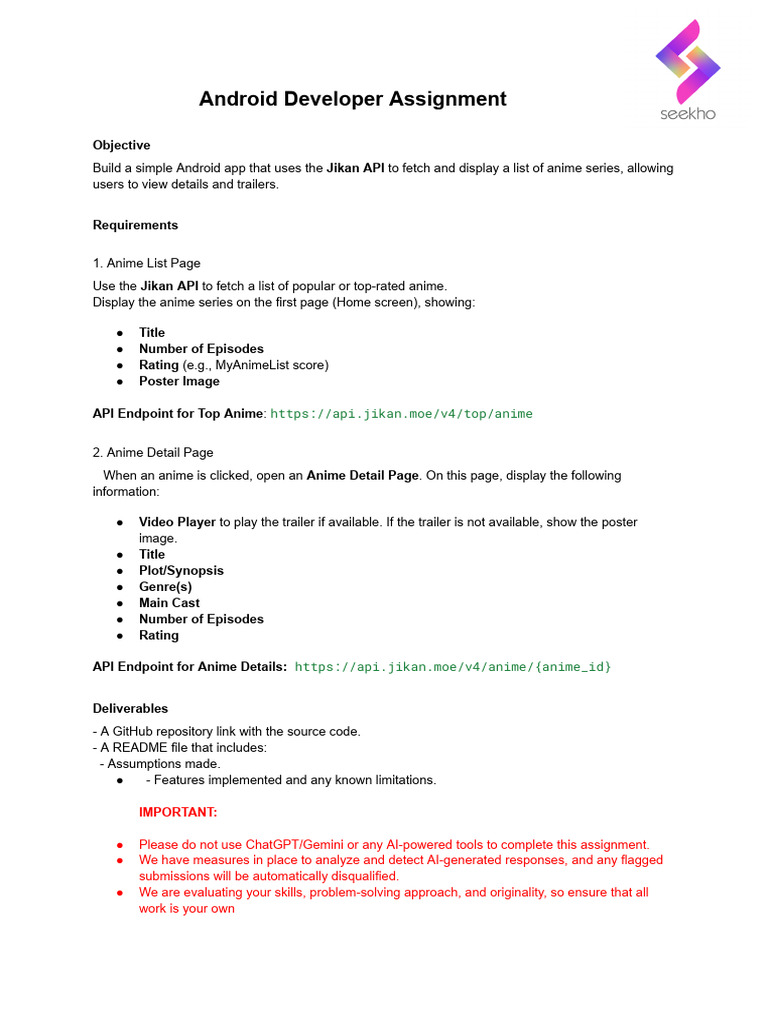Android Developer Assignment | PDF