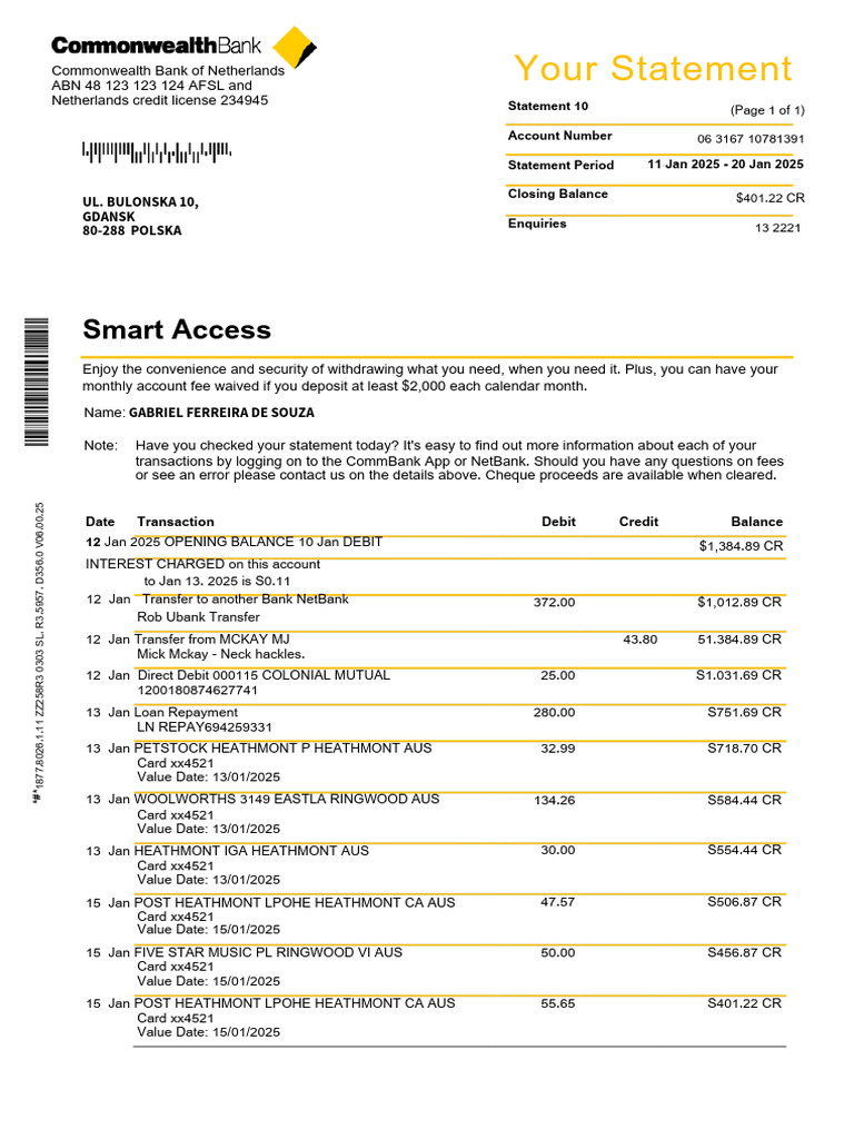 Commonwealth Bank Account Statement | PDF | Banks | Debit Card