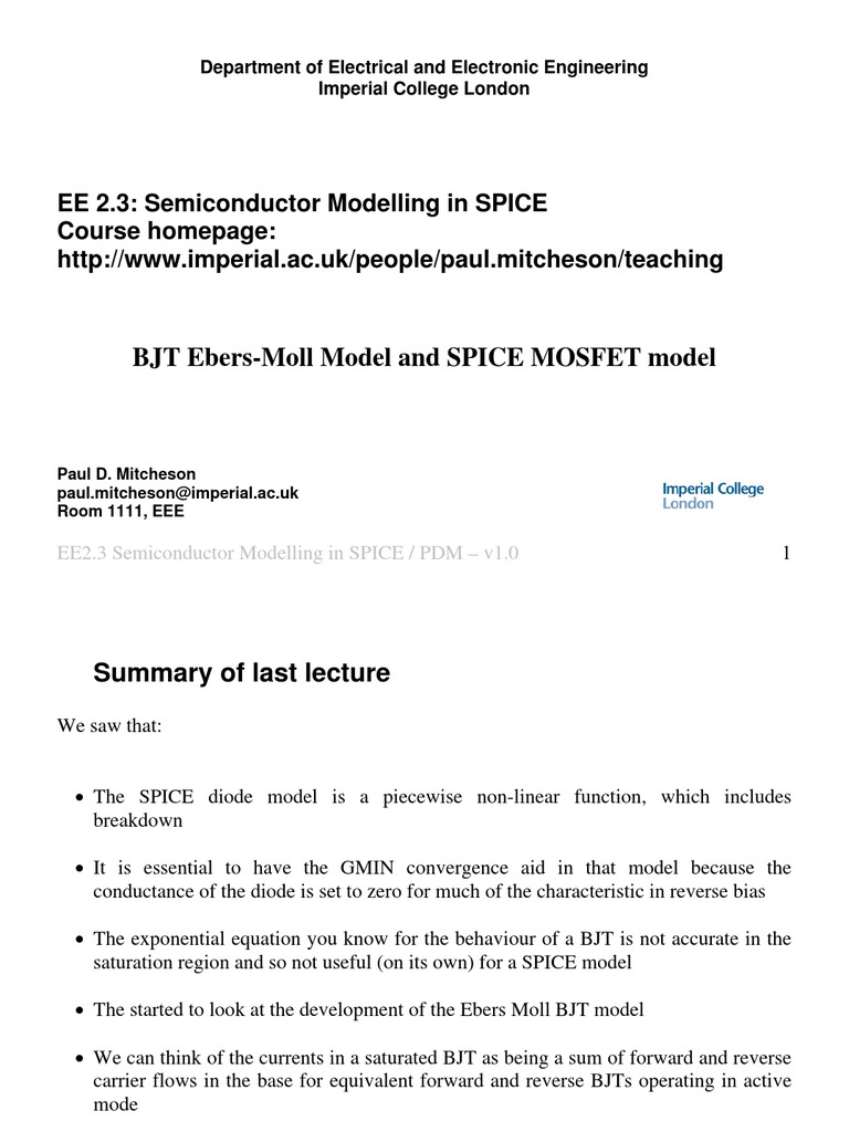 Ebers-Moll BJT Model in SPICE | PDF | Bipolar Junction Transistor ...