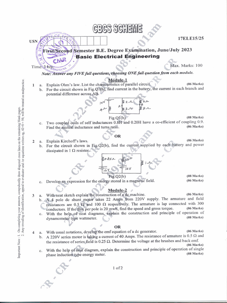 VTU Question Paper of 17ELE15 - 17ELE25 Basic Electrical Engineering ...