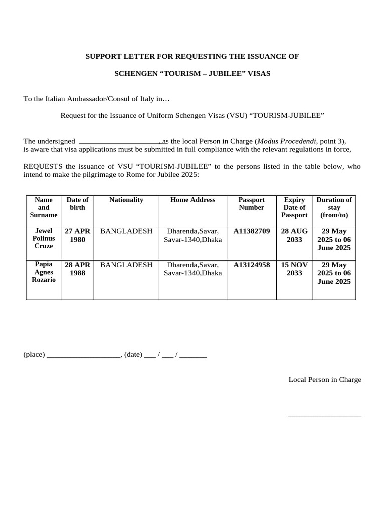 Schengen Visa Request for Jubilee Pilgrimage | PDF