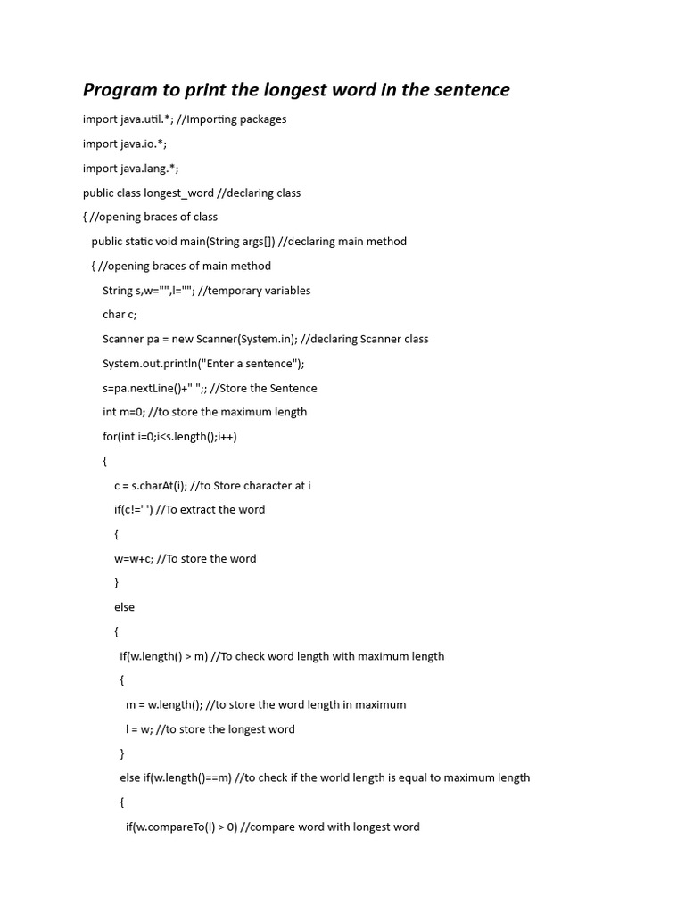 Java Program to Find Longest Word | PDF