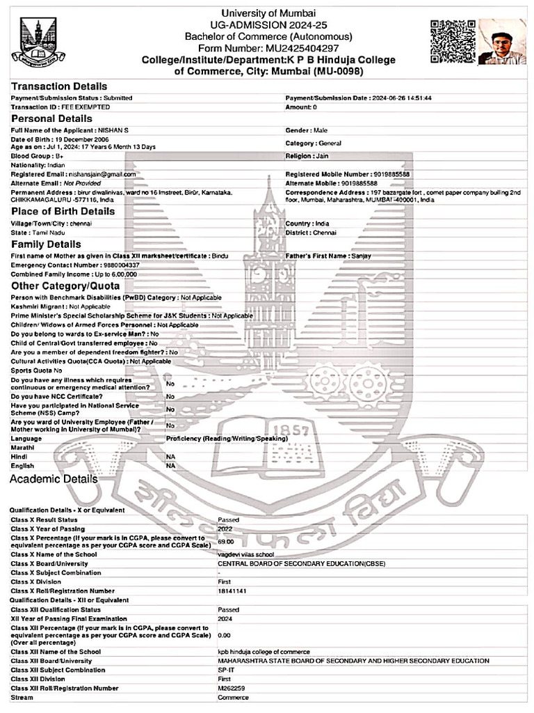 Mumbai University Bcom Pre Enrollment | PDF