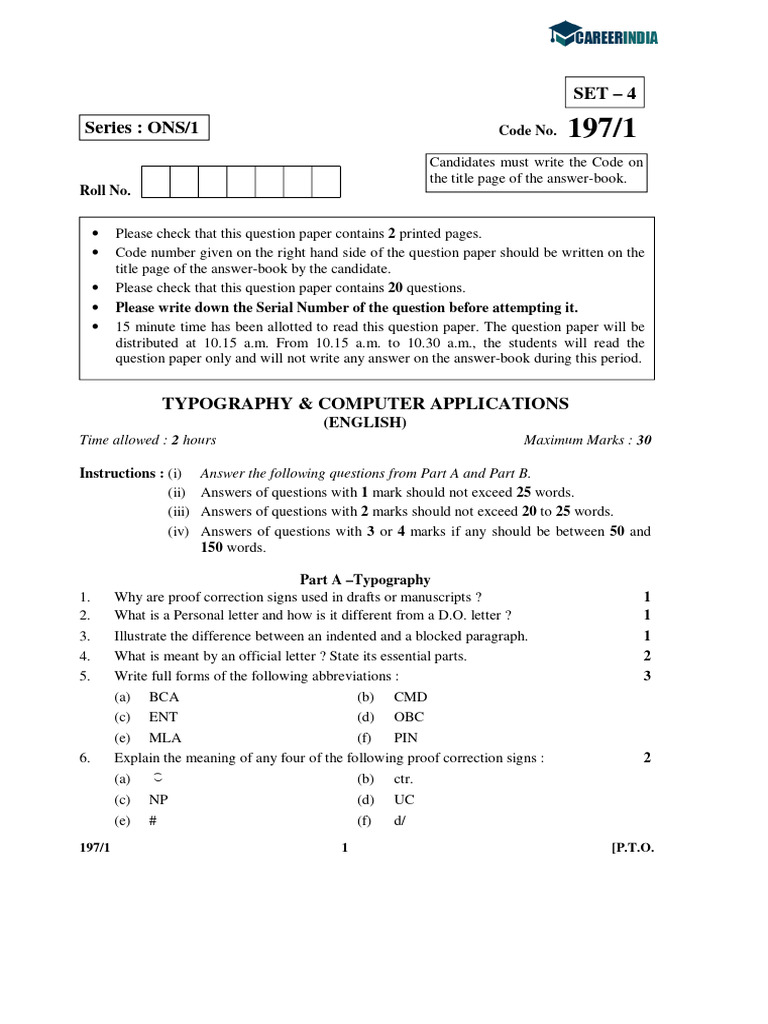 CBSE Class 12 Typography & Computer Applications 2015-16 Board Question Paper | PDF | Microsoft ...