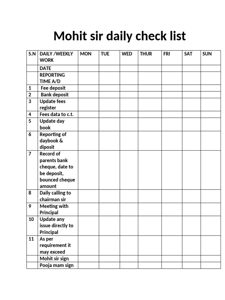 Mohit Sir Daily Checklist | PDF