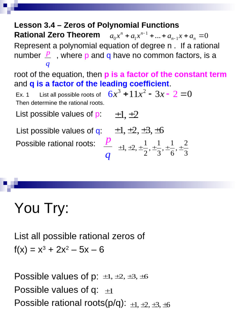 Lesson 3.4 - Zeros of Polynomial Functionspat | PDF | Factorization | Zero Of A Function