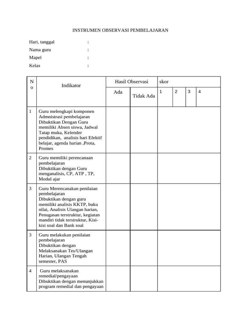 Instrumen Observasi Pembelajaran | PDF