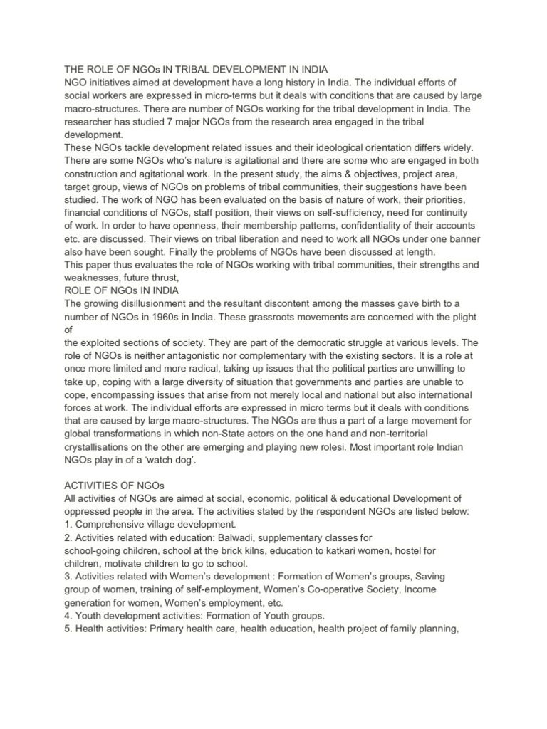 NGOs in Tribal Development in India | PDF | Non Governmental ...