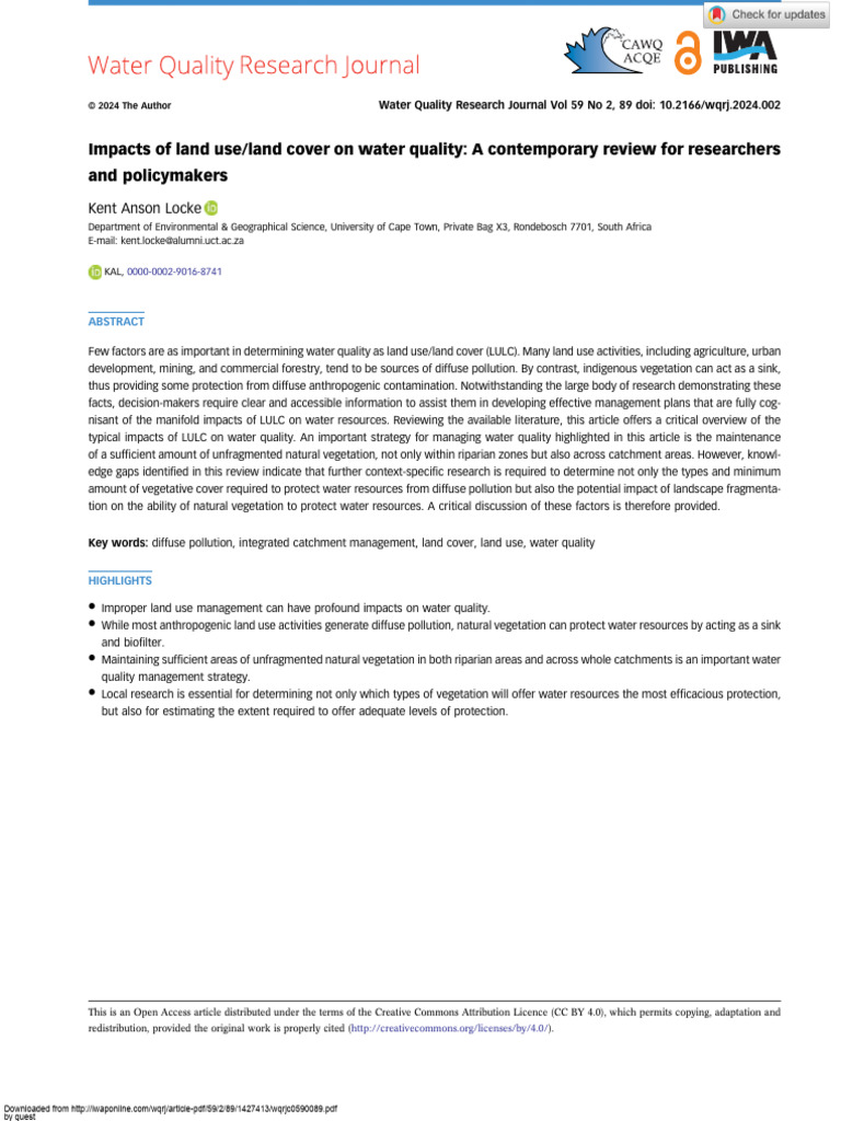 Impacts of Land Use Land Cover On Water Quality - A Contemporary Review For Researchers and ...