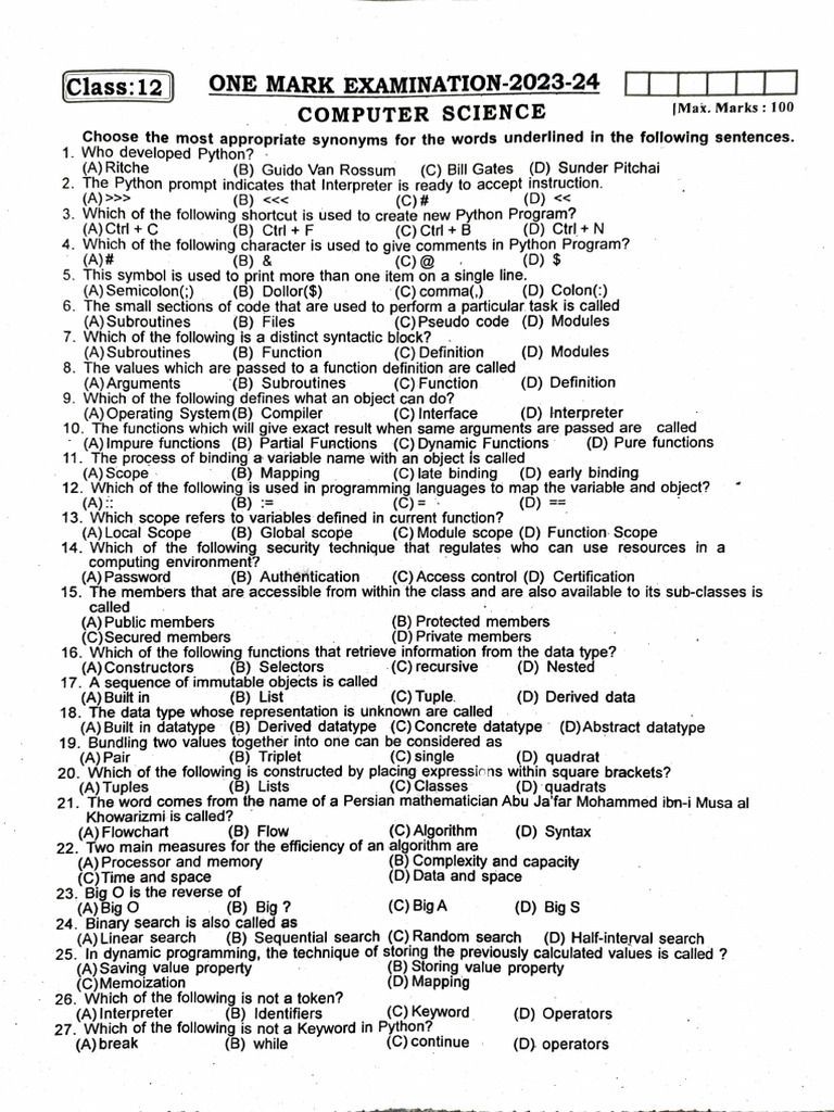ONE MARK TEST PAPER | PDF | Function (Mathematics) | Software Engineering