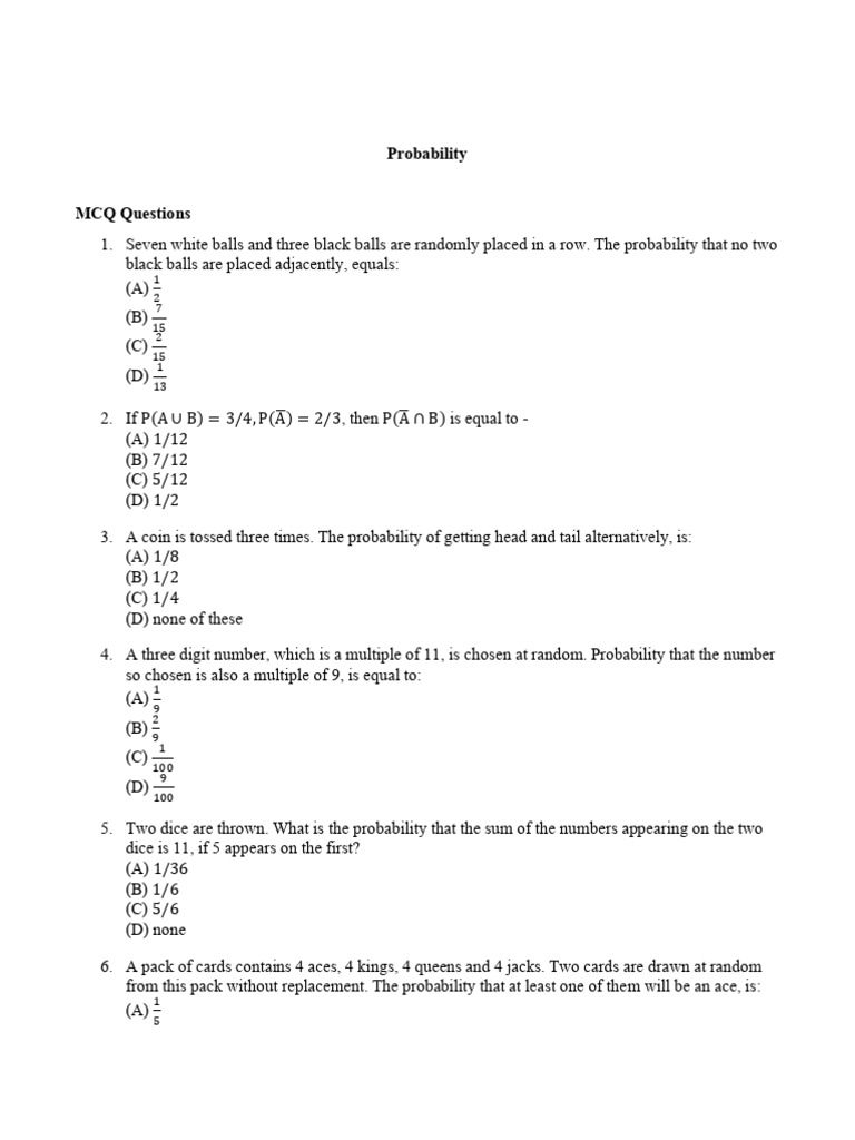 Probability MCQ Questions and Solutions | PDF | Odds | Probability