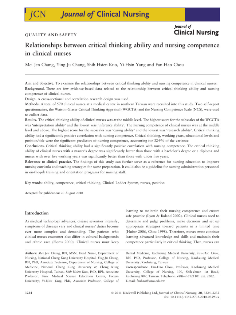 RELATIONSHIPS BETWEEN CRITICAL THINKING AND NURSING COMPETENCE Chang Et ...