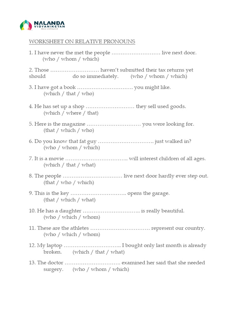 Worksheet On Relative Pronouns | PDF