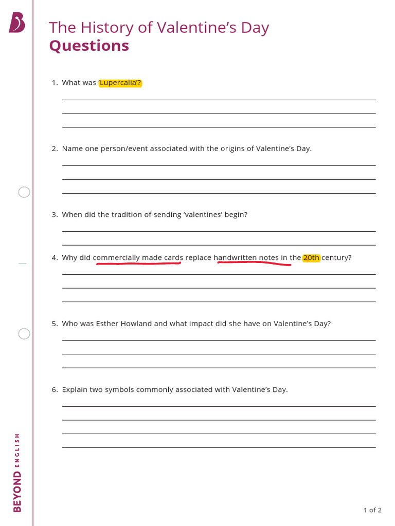 The History of Valentines Day Questions | PDF