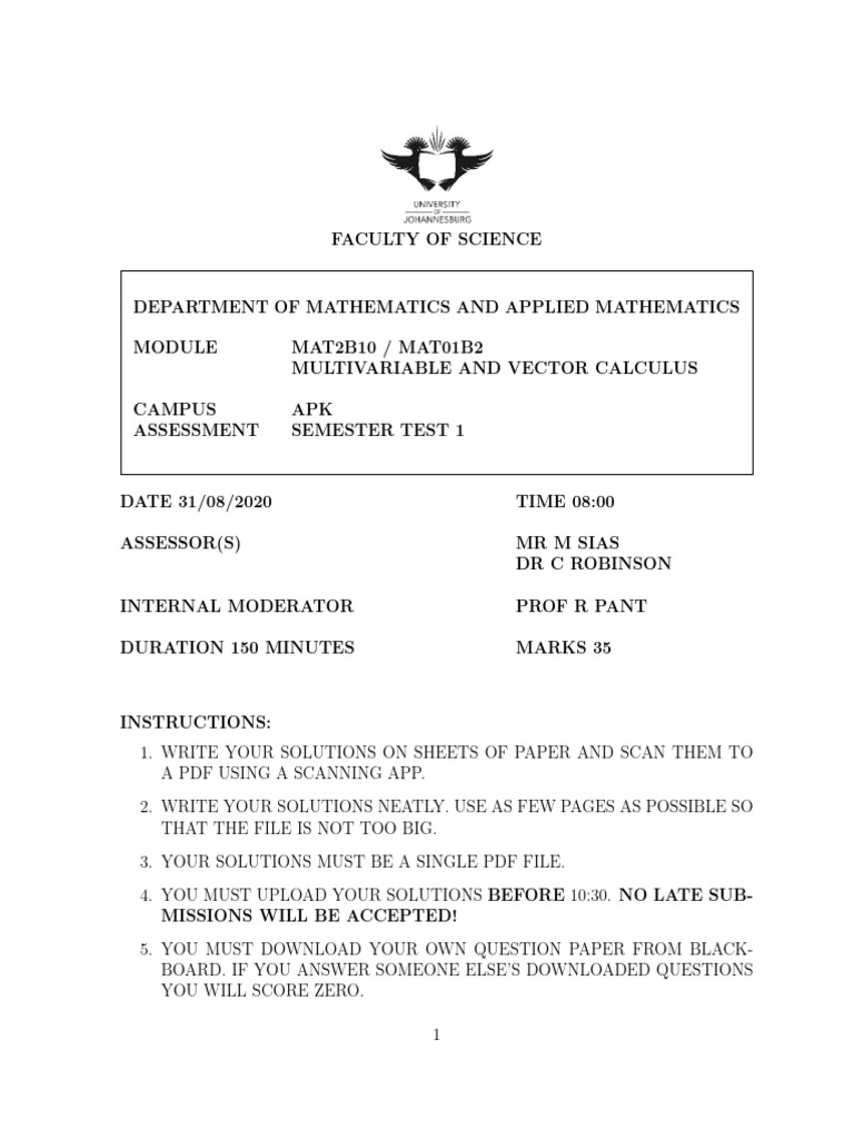 Multivariable Calculus Semester Test 1 | PDF | Function (Mathematics ...